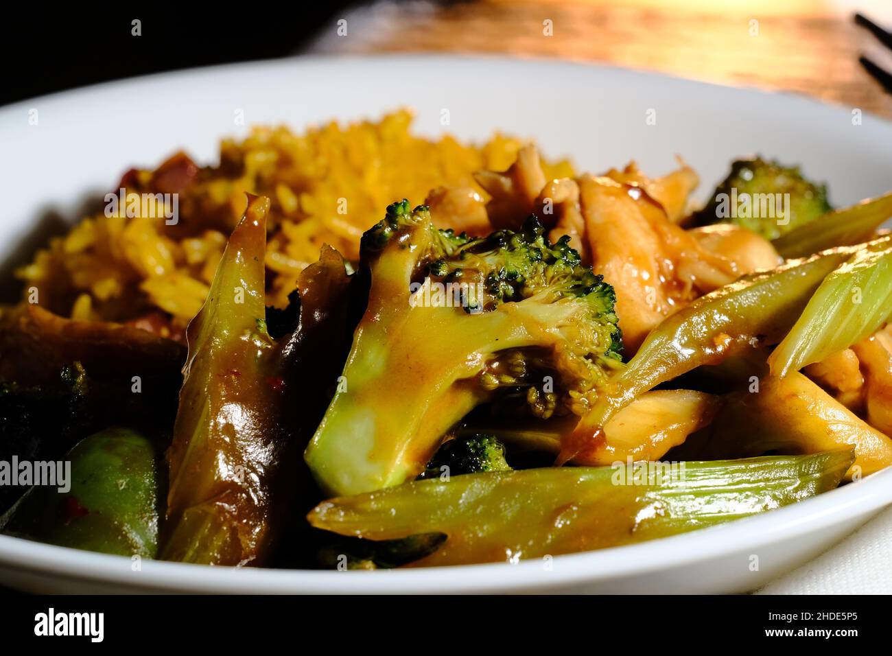 Chinese szechuan garlic chicken combo with pork fried rice Stock Photo ...