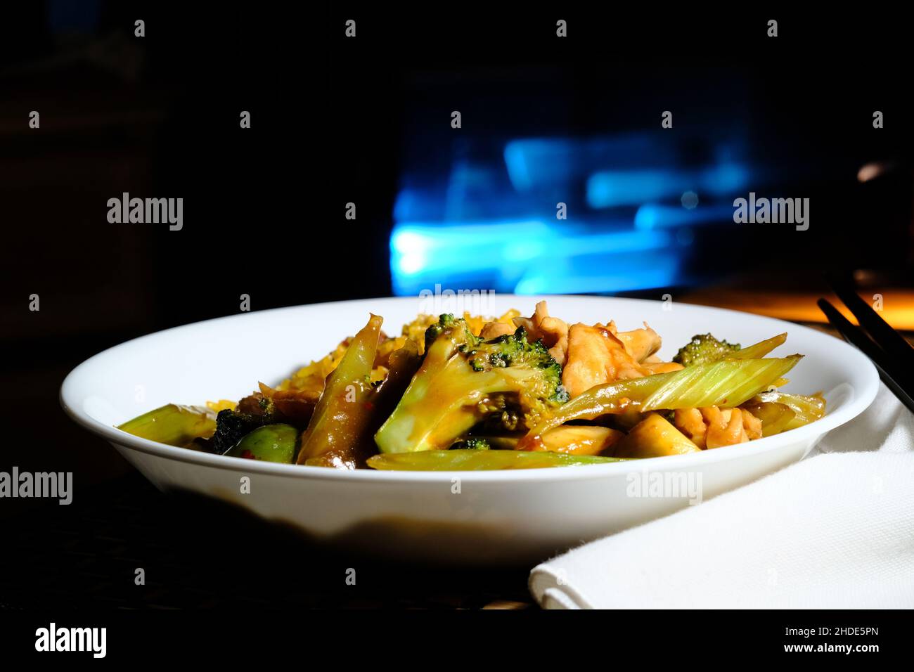 Chinese szechuan garlic chicken combo with pork fried rice Stock Photo ...