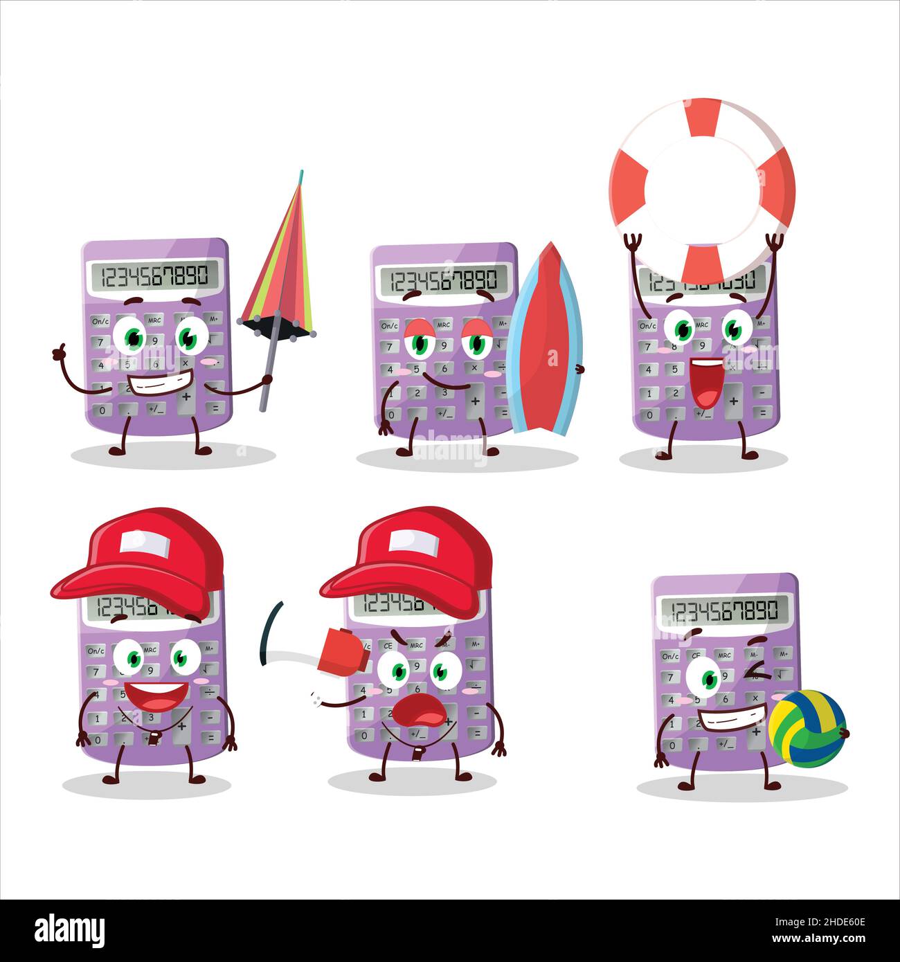 Happy Face purple calculator cartoon character playing on a beach ...