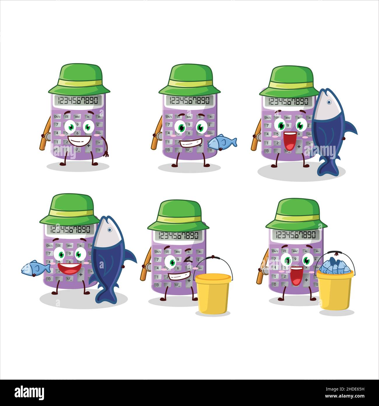 A fisherman purple calculator cartoon picture catch a big fish. Vector ...