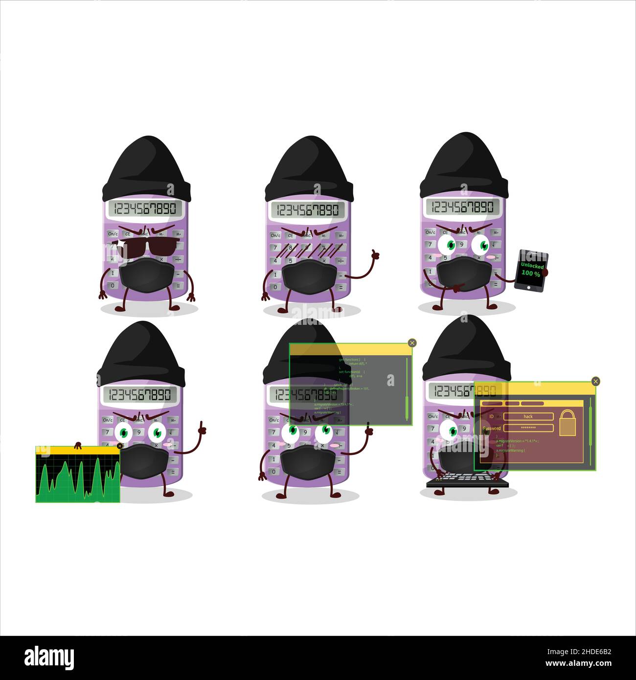 A Hacker purple calculator character mascot with. Vector illustration ...
