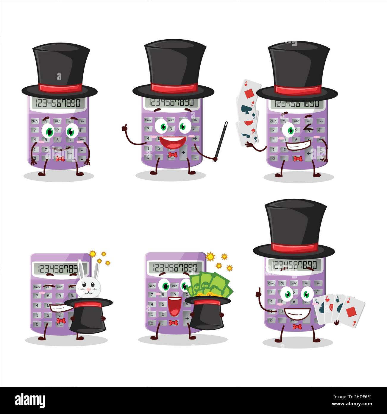 A purple calculator Magician cartoon character perform on a stage ...