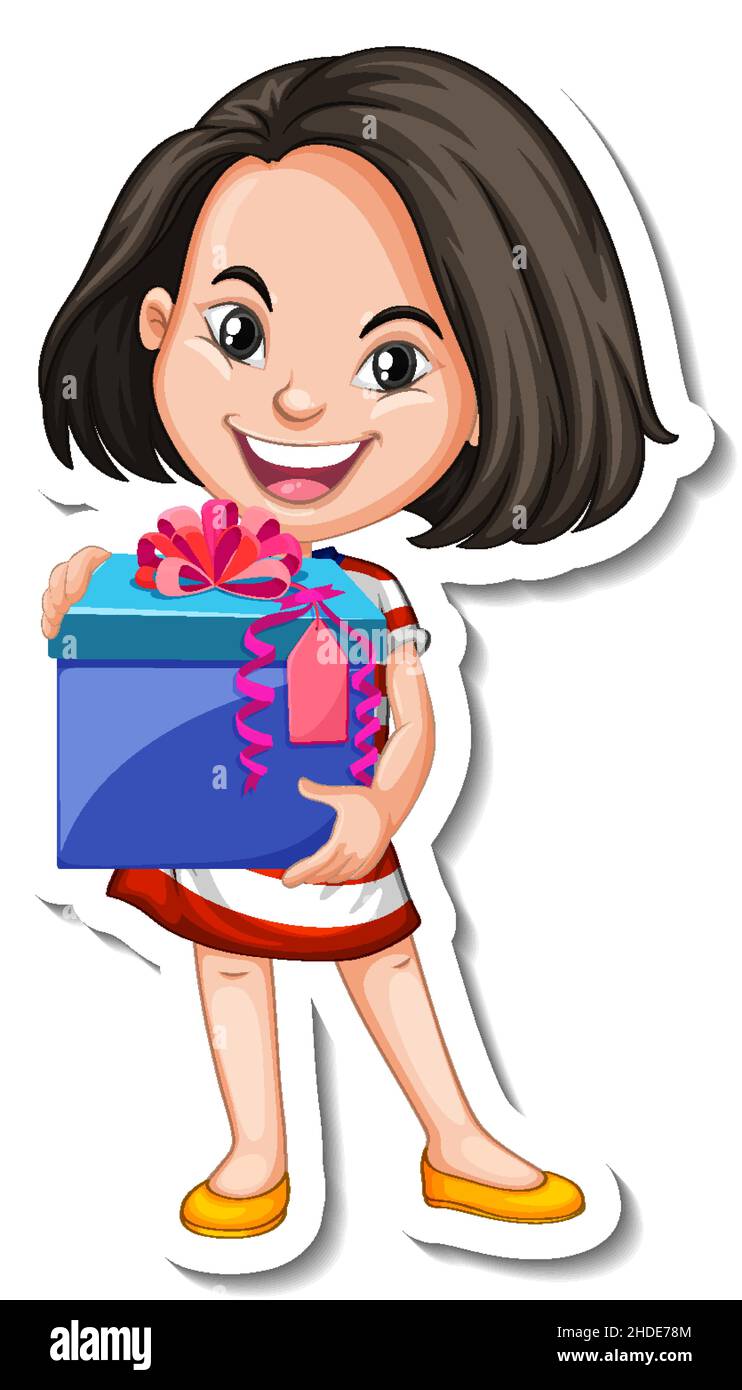 A girl holding gift box in cartoon style illustration Stock Vector ...
