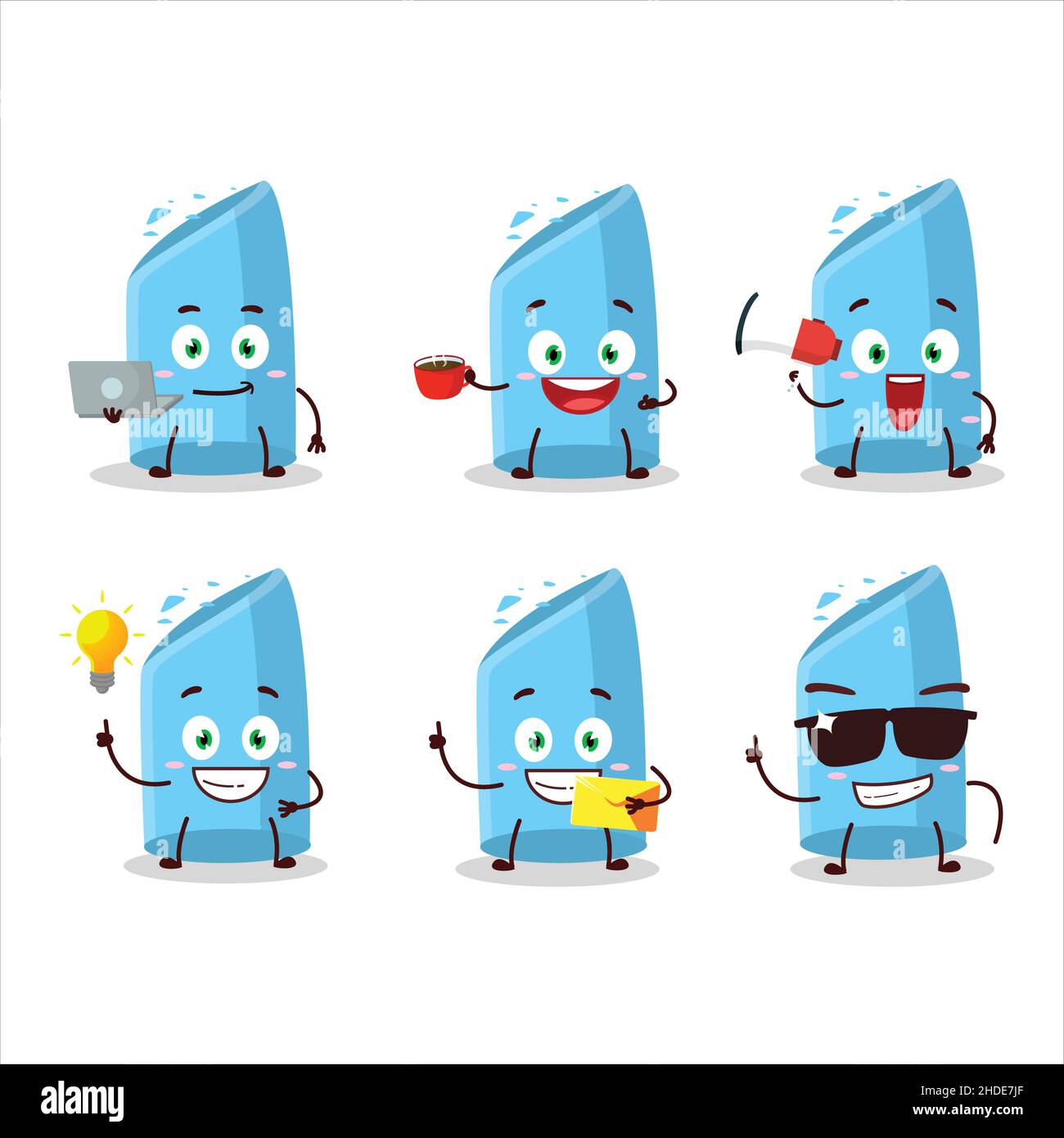 Blue chalk cartoon character with various types of business emoticons ...