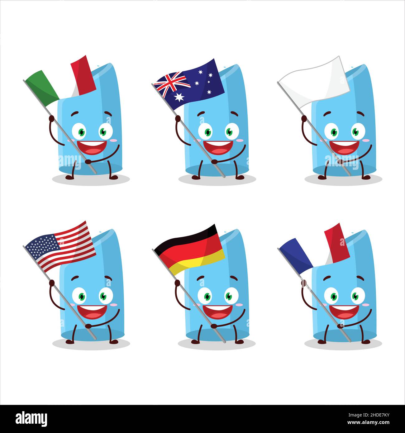 Blue Chalk Cartoon Character Bring The Flags Of Various Countries
