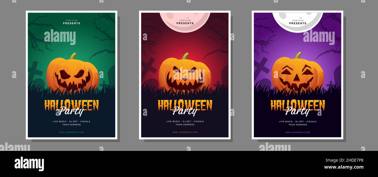 A set of flyers for a party in Helloween style. Vector pumpkin face on ...