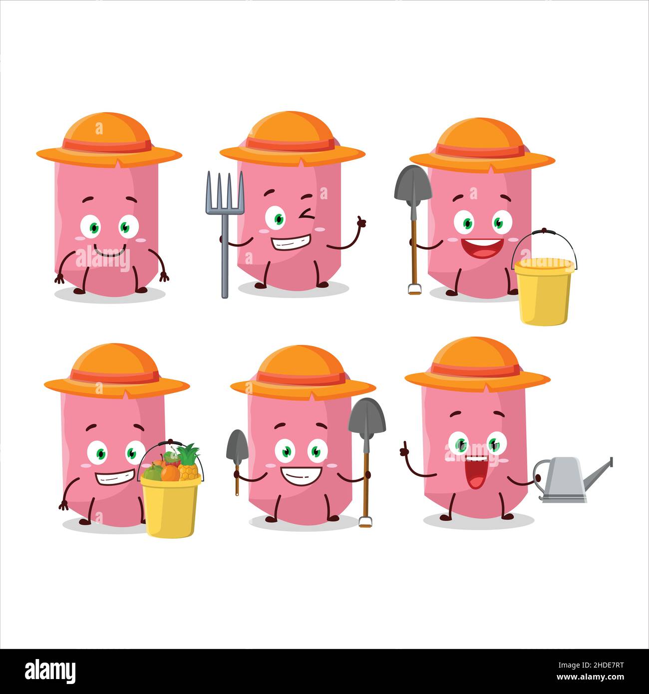 Farmer pink chalk cute mascot character with fork. Vector illustration ...