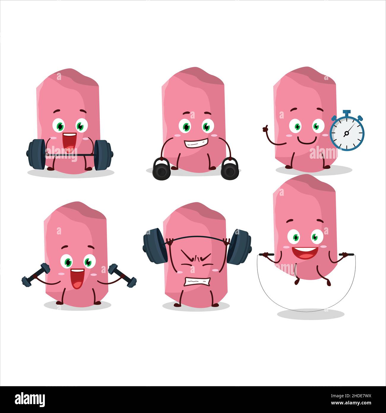 A healthy pink chalk cartoon style trying some tools on Fitness center ...