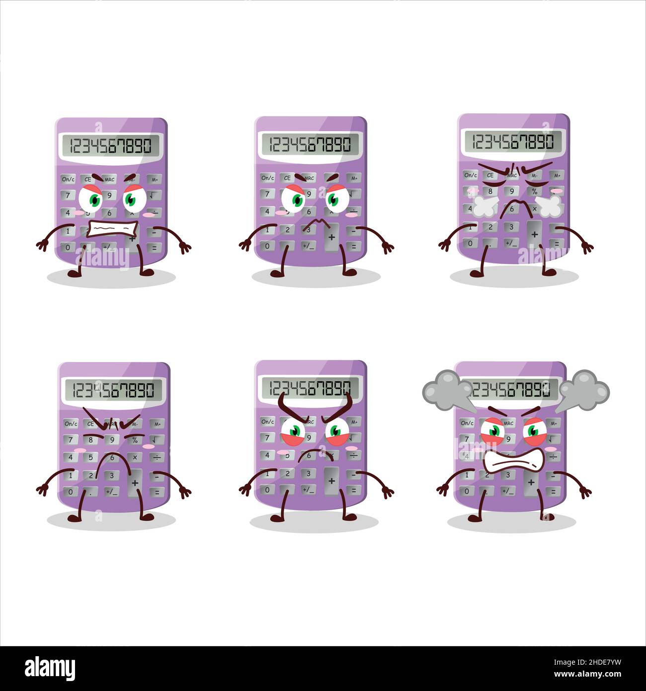 Purple calculator cartoon character with various angry expressions ...