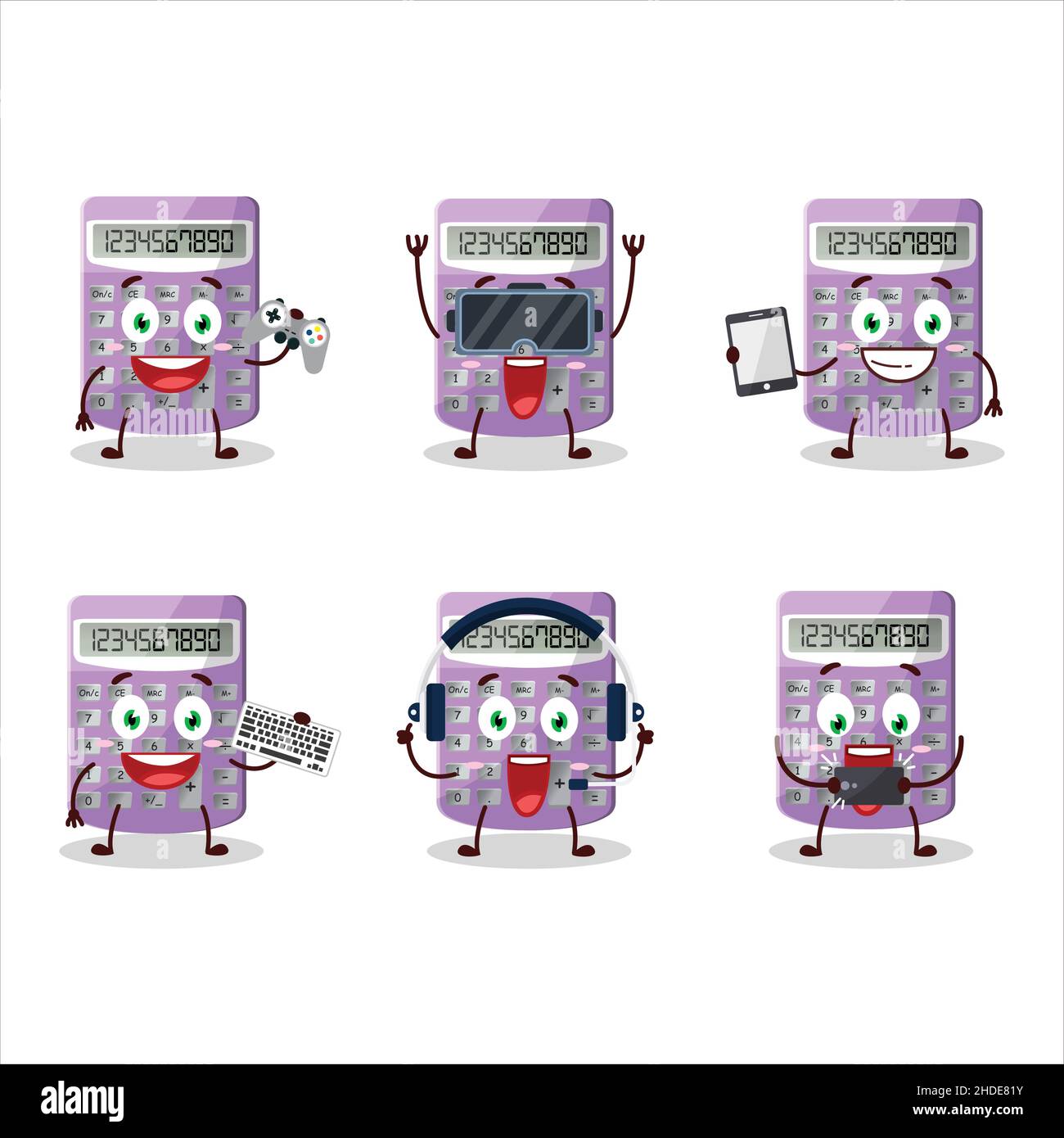 Purple calculator cartoon character are playing games with various cute ...