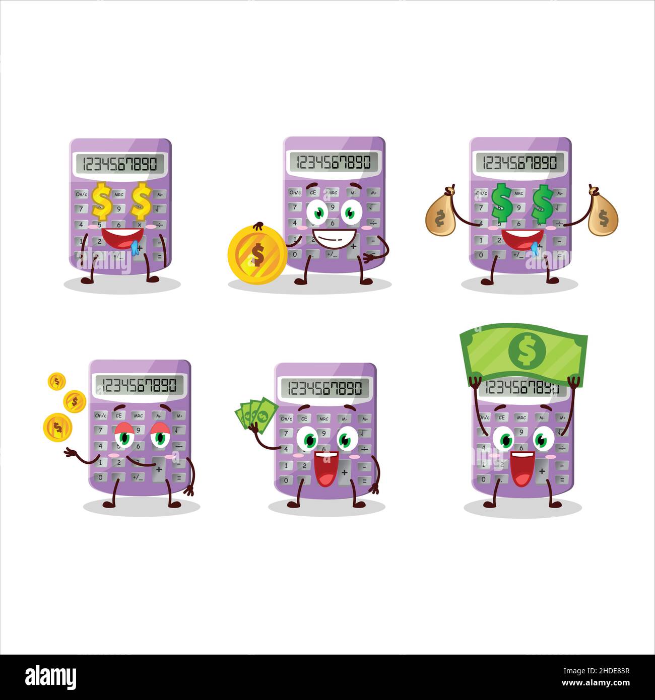 Purple calculator cartoon character with cute emoticon bring money ...