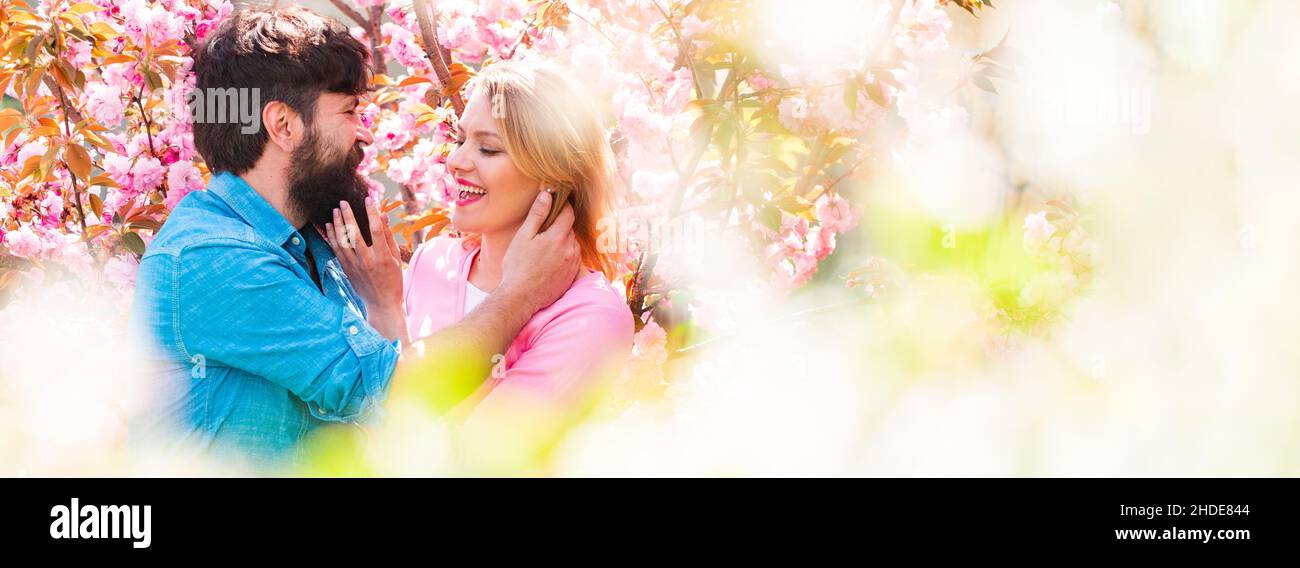 Spring couple in love, banner. Couple in live walking in the spring ...