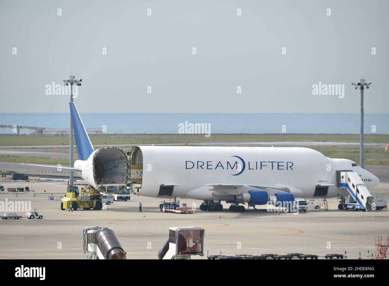 A Boeing 747-400LCF "Dreamlifter" opens its tail section at Chubu ...