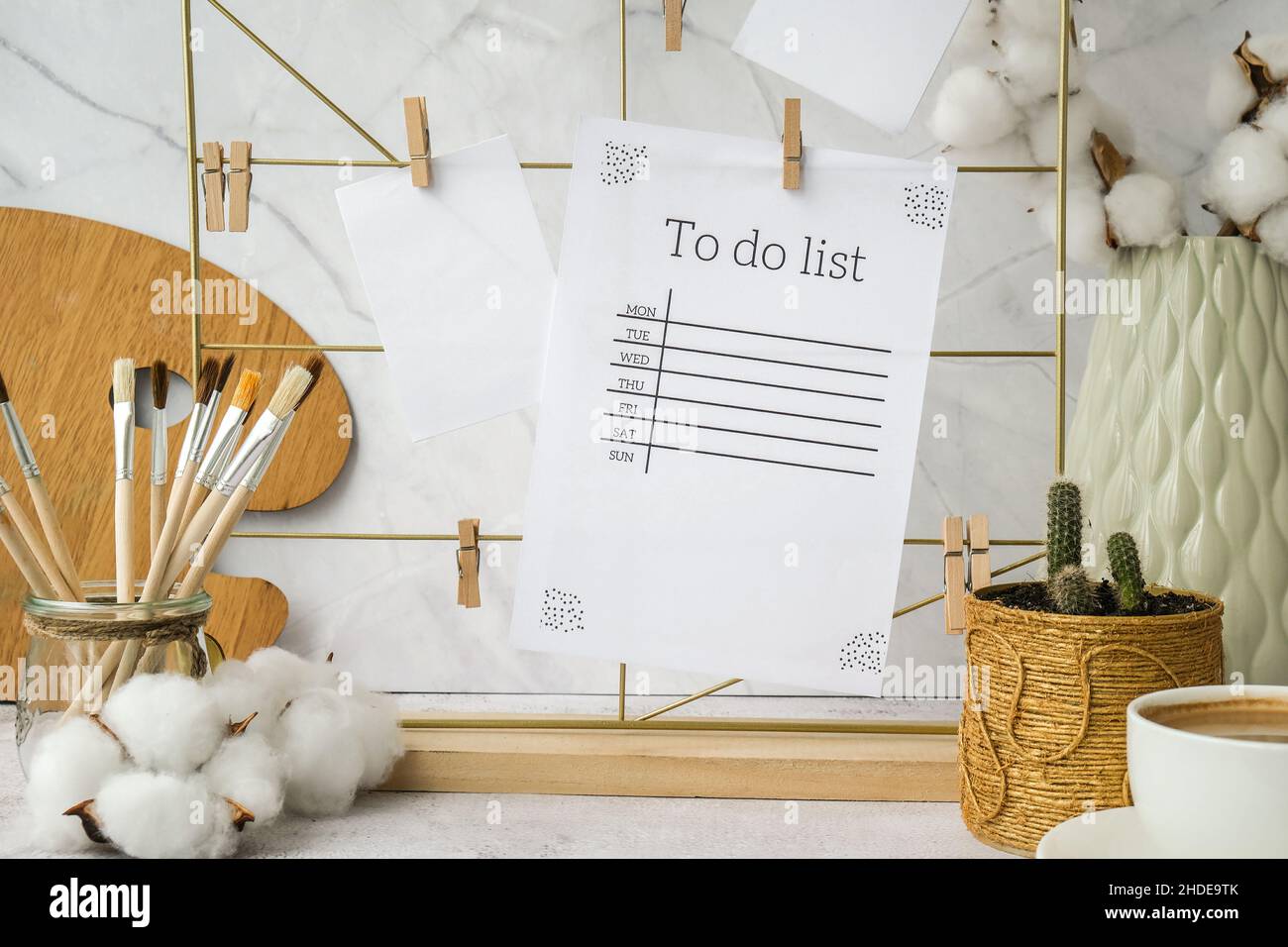 TO DO list cards and posters mock ups on grid board. Copy space. Home ...