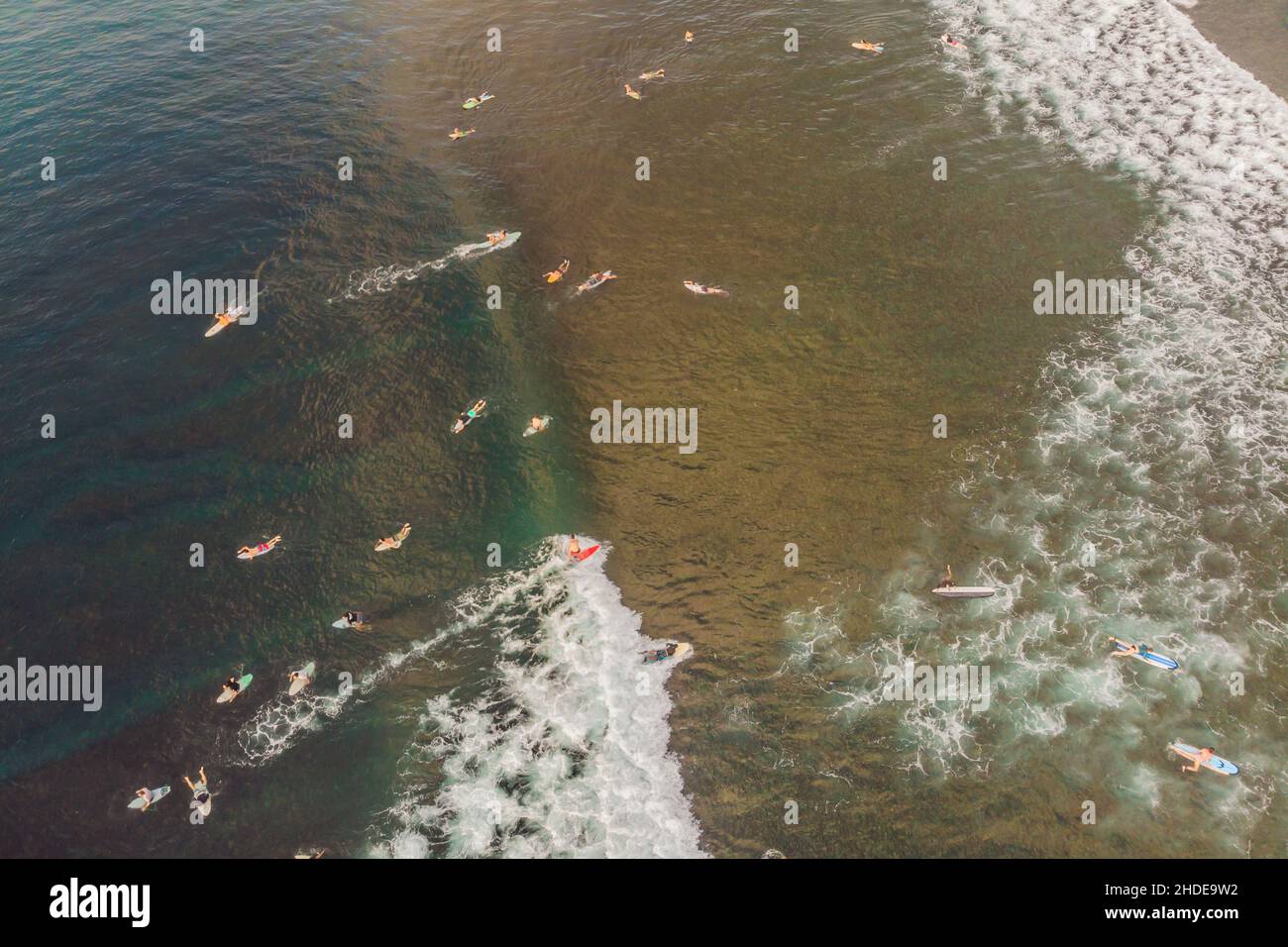 Surfers on the waves in the ocean, top view Stock Photo - Alamy