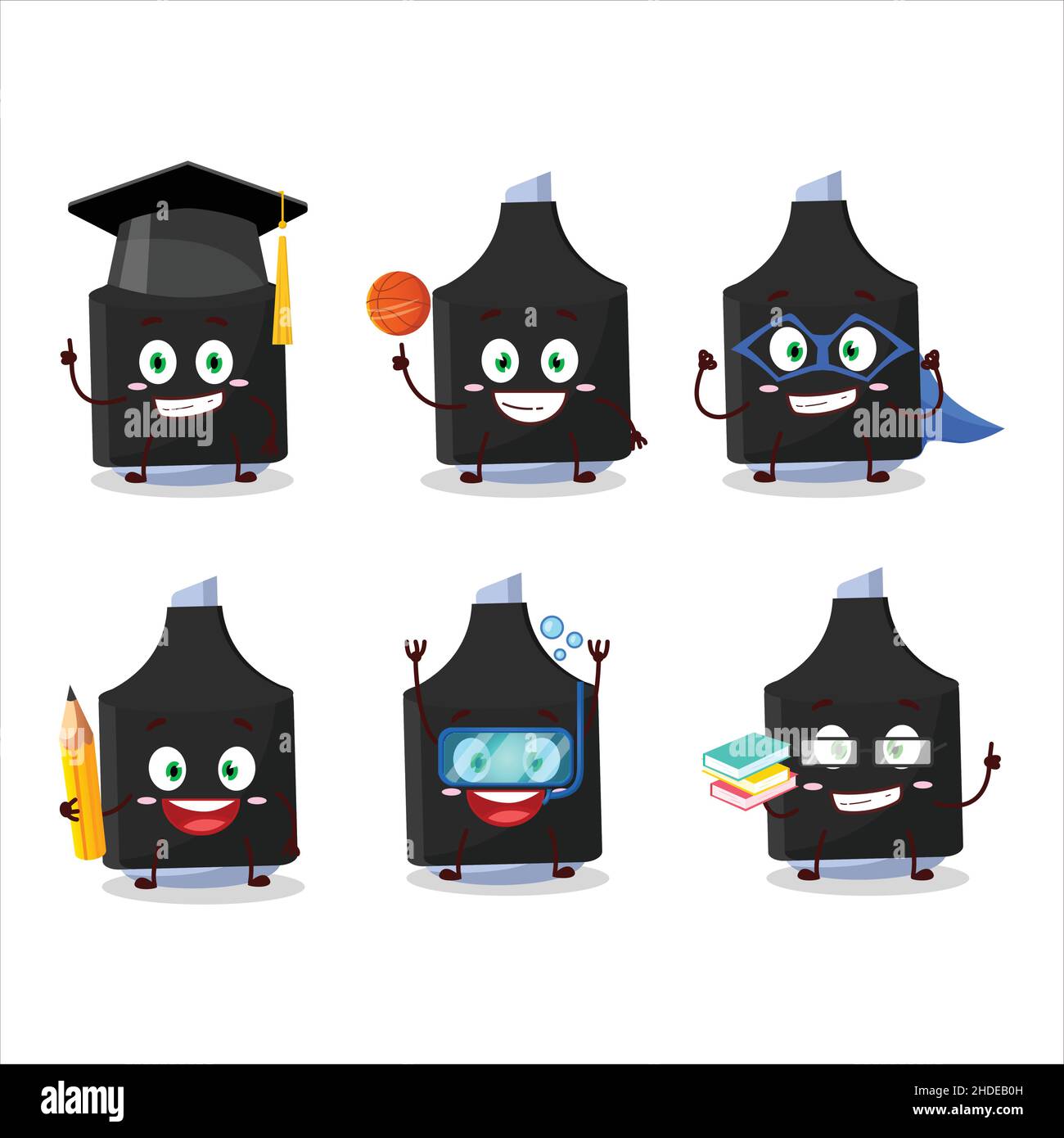 School student of blue highlighter cartoon character with various ...