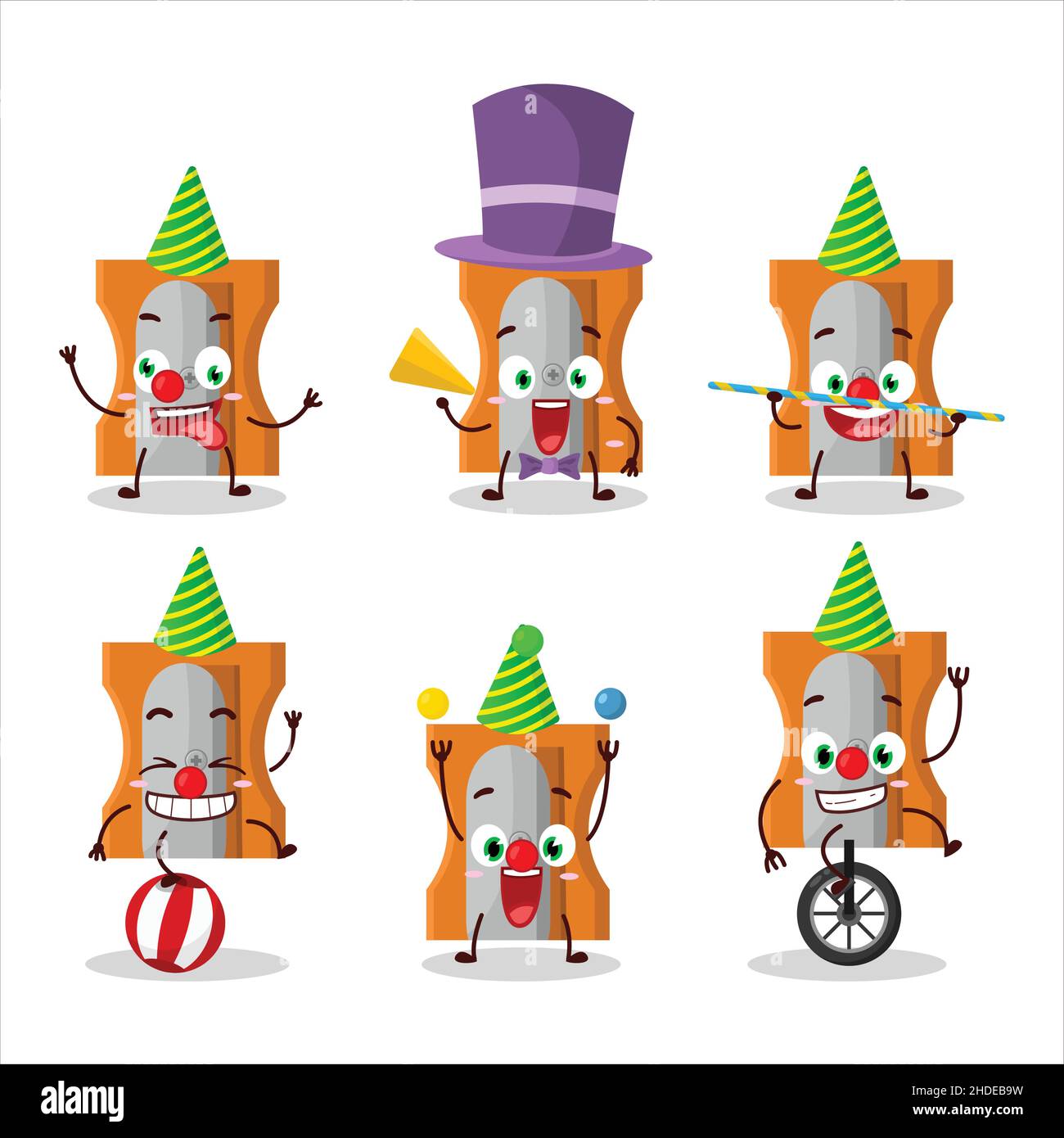 Cartoon character of orange pencil sharpener with various circus shows ...