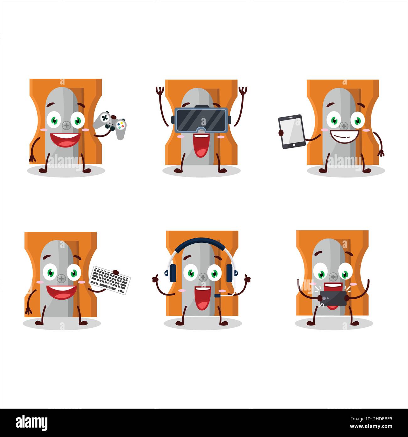 Orange pencil sharpener cartoon character are playing games with ...