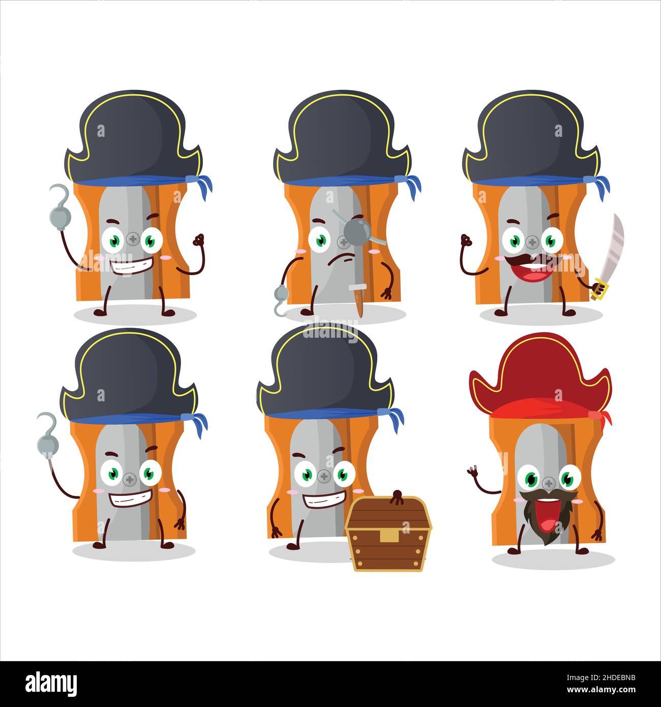 Cartoon character of orange pencil sharpener with various pirates ...