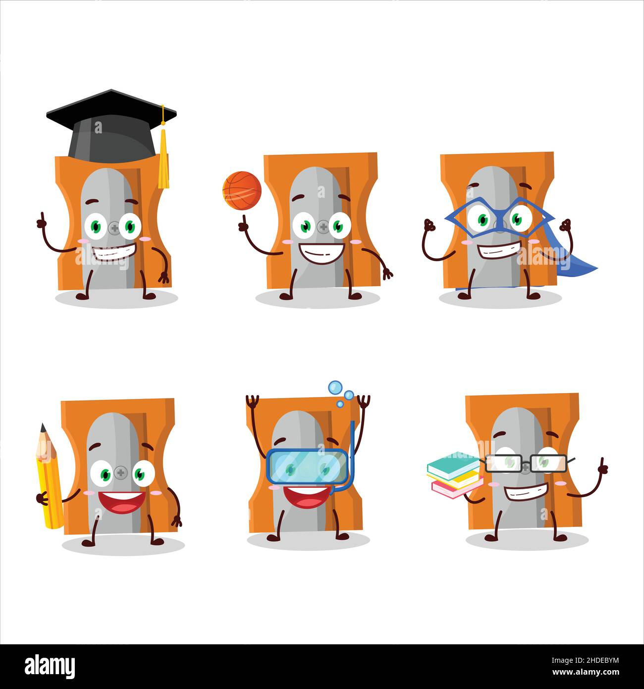 School student of orange pencil sharpener cartoon character with ...