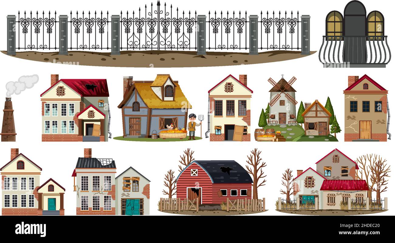 Set of abandoned houses and buildings illustration Stock Vector Image ...