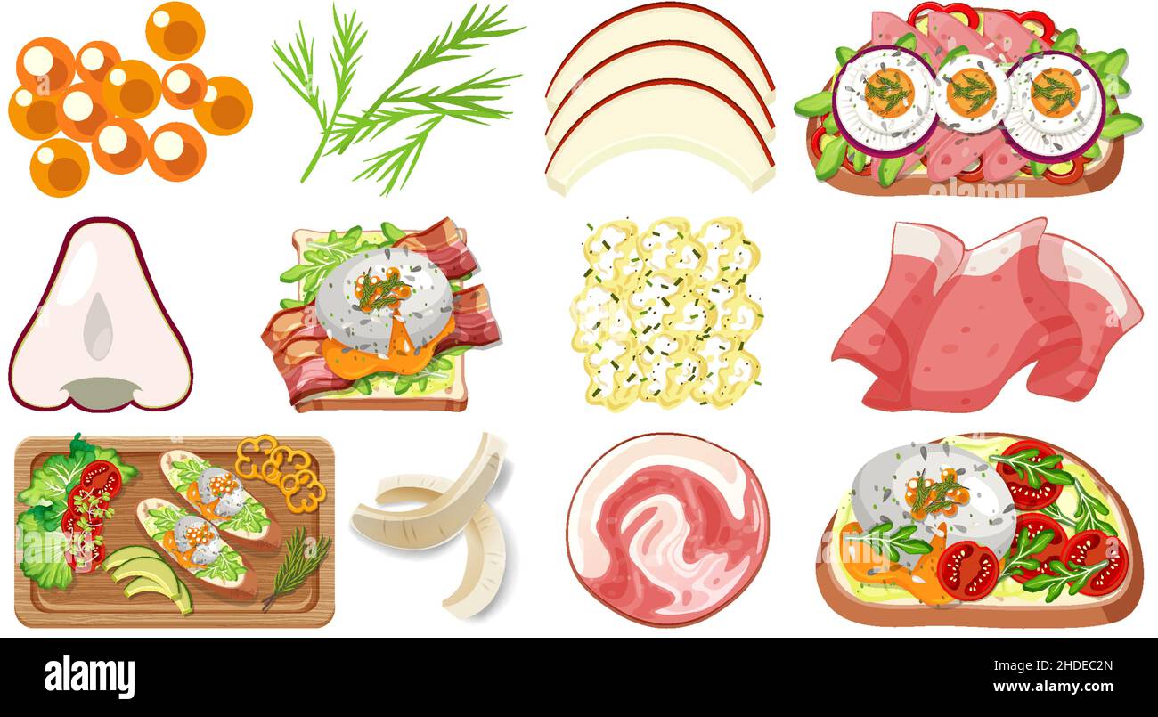 Collection of food ingredients on white background illustration Stock ...