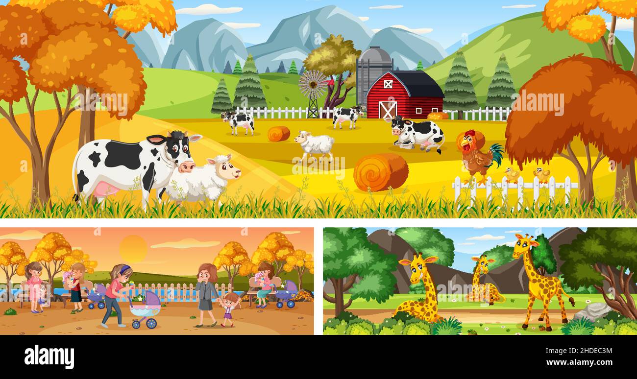 Outdoor panoramic landscape scenes set with cartoon character ...