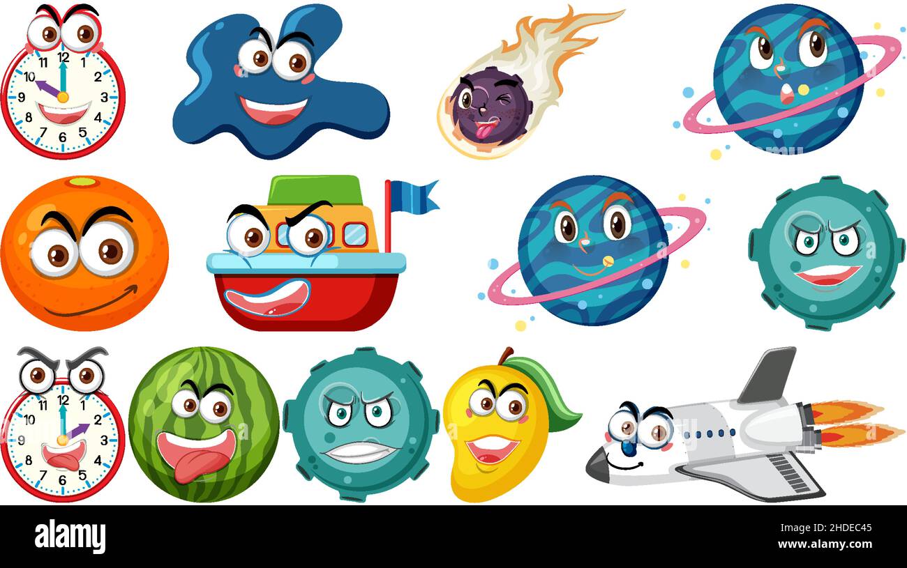 Set of different toy objects with smiley faces illustration Stock ...