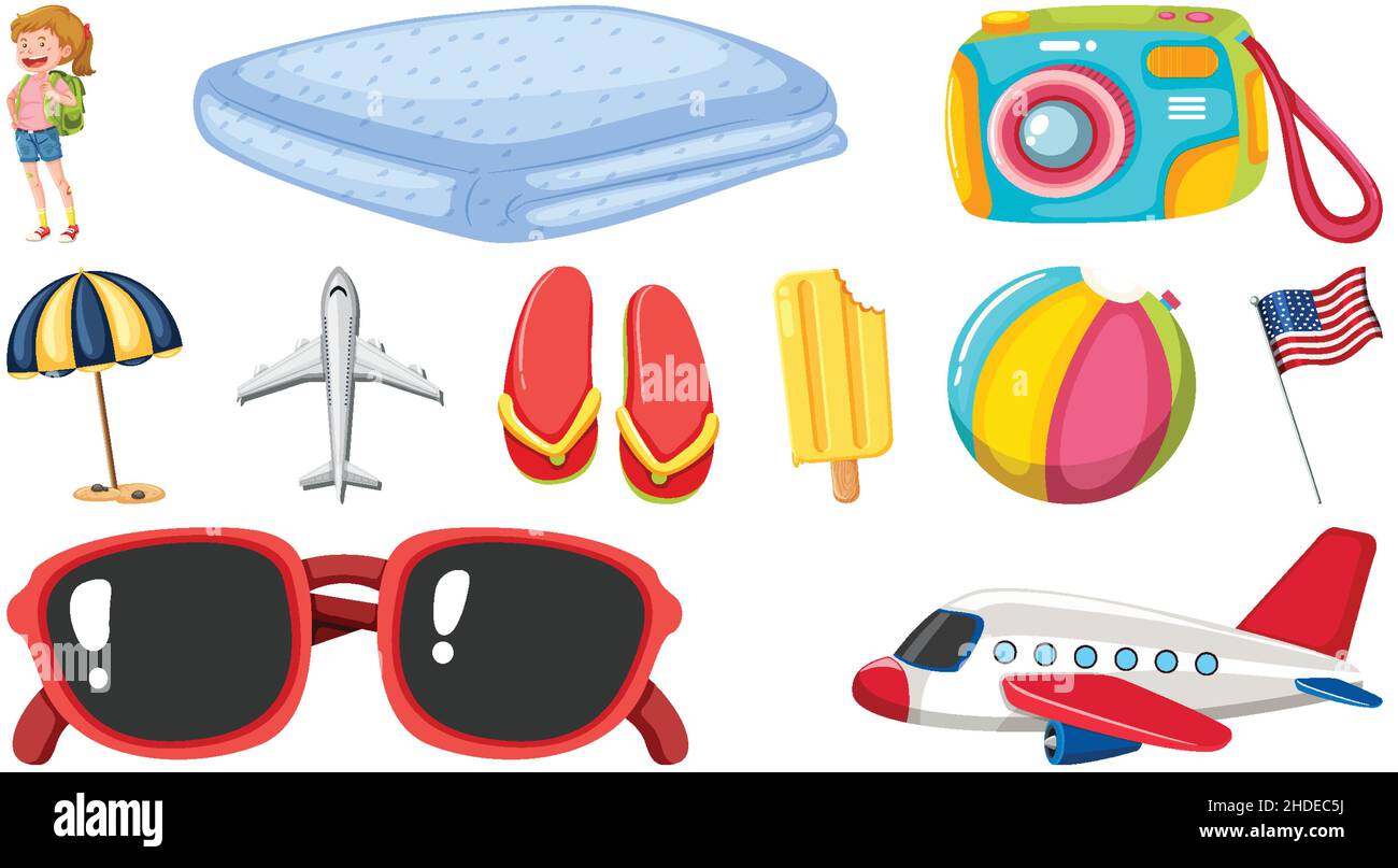 Set of summer vacation objects and elements illustration Stock Vector ...