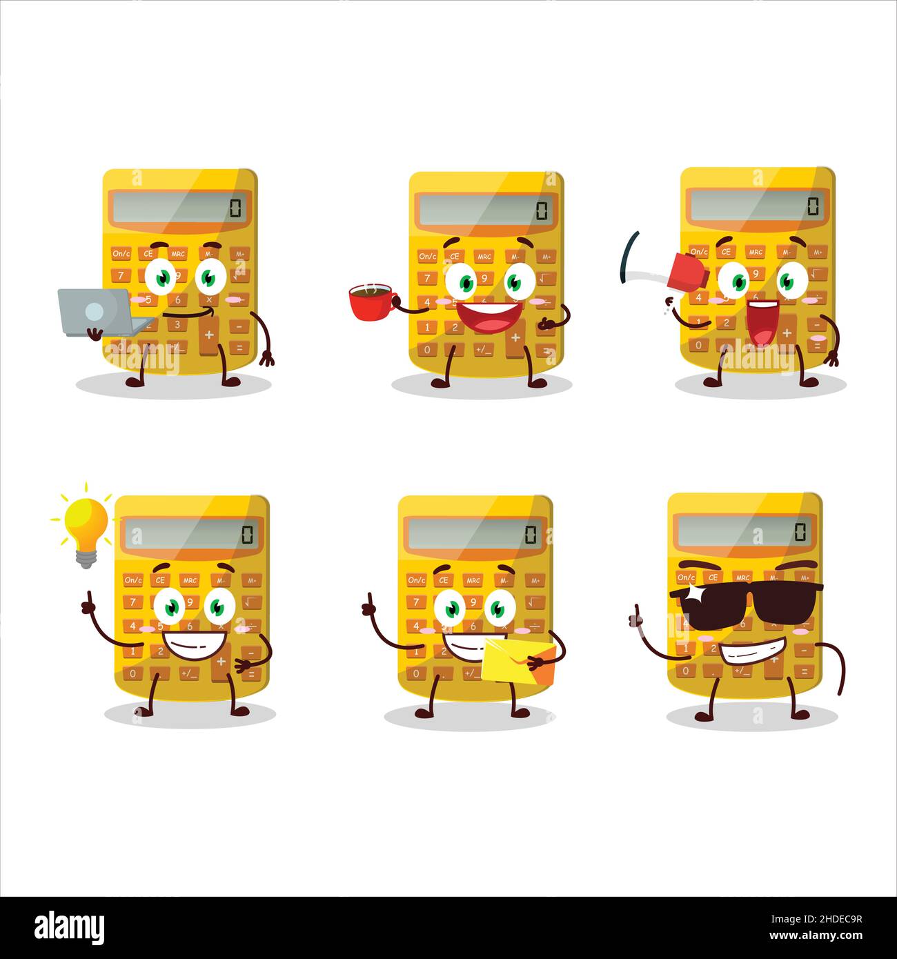 Yellow calculator cartoon character with various types of business ...