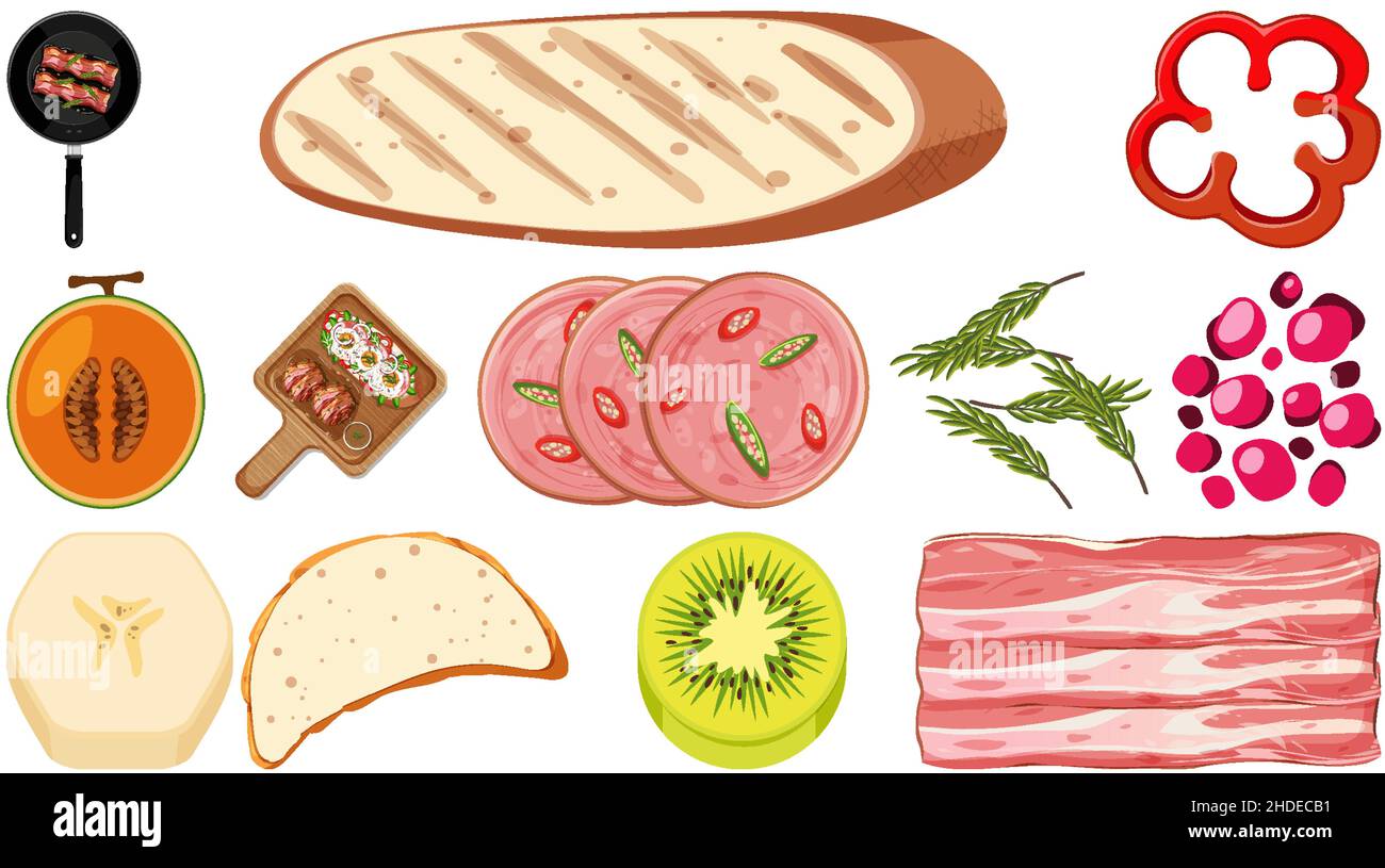 Collection of food ingredients on white background illustration Stock ...