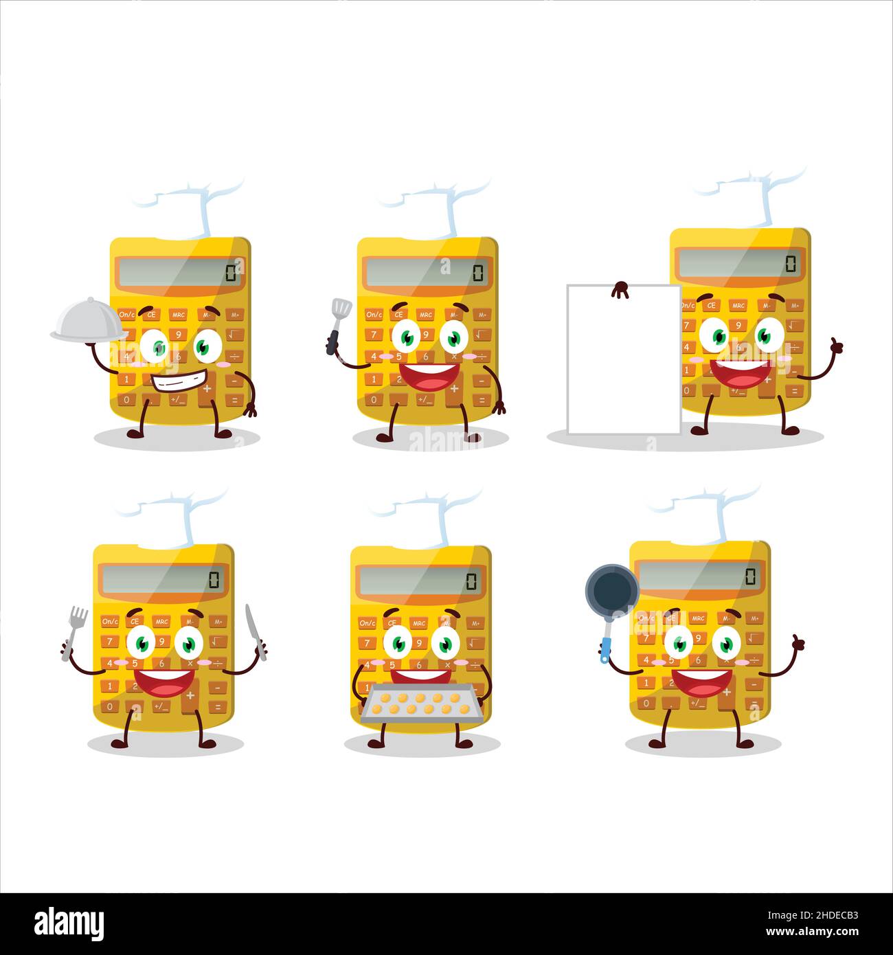 Cartoon character of yellow calculator with various chef emoticons ...
