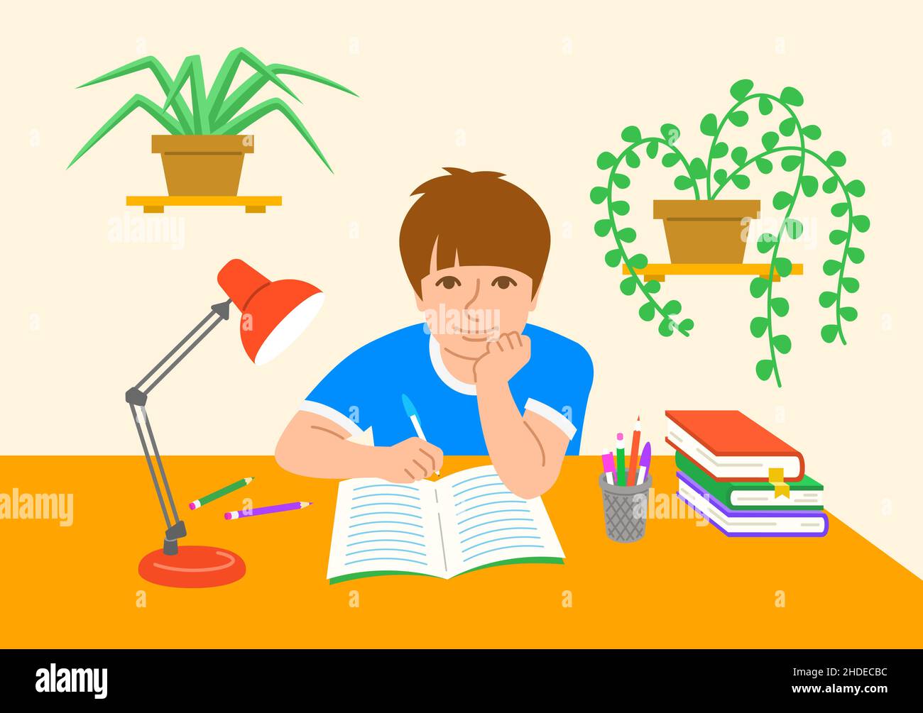 Little school boy doing his homework at the desk in his room. Young ...