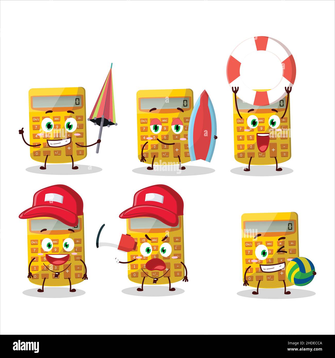 Happy Face yellow calculator cartoon character playing on a beach ...