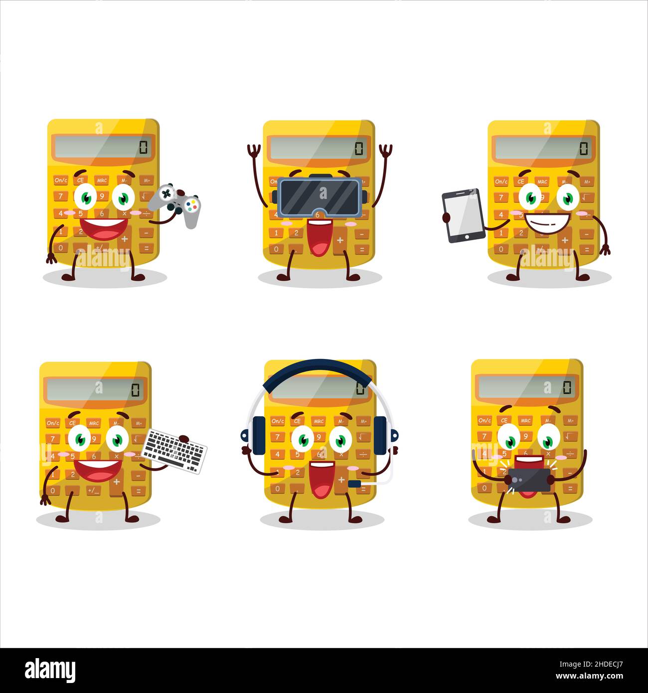 Yellow calculator cartoon character are playing games with various cute ...