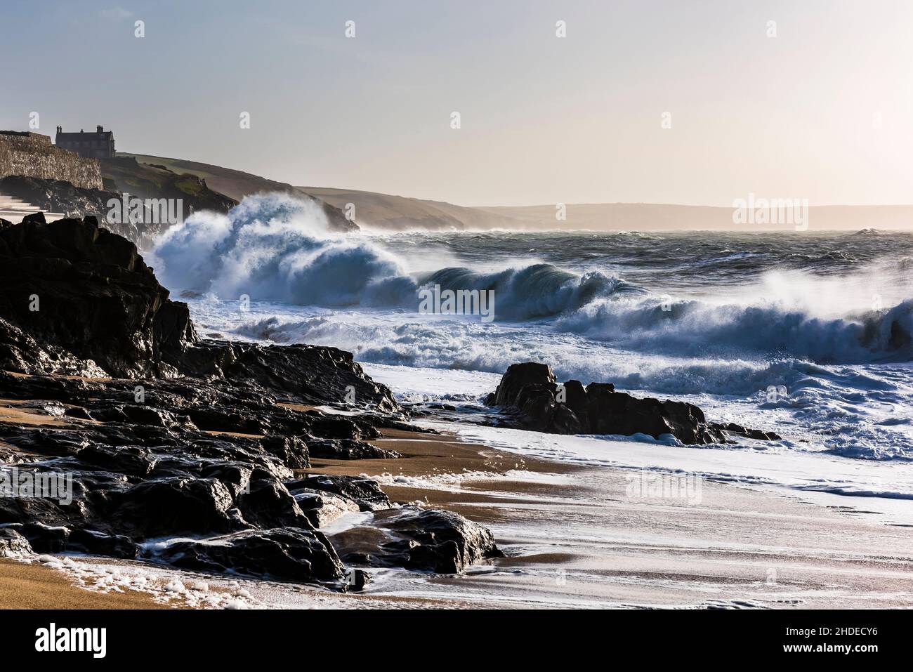 Huge surf on the beach at Porthleven, nr Helston, Cornwall, UK Stock ...