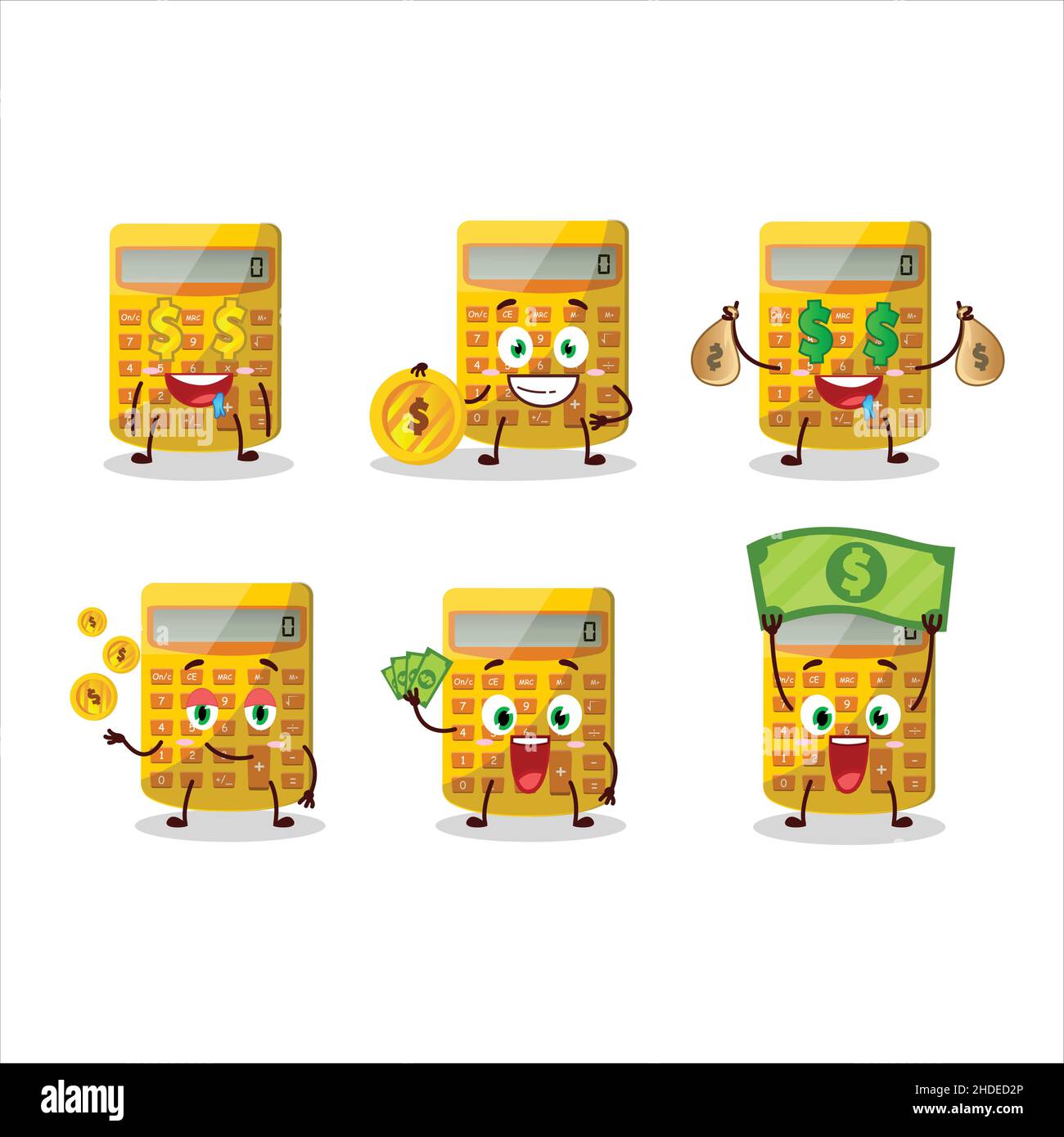 Yellow calculator cartoon character with cute emoticon bring money ...