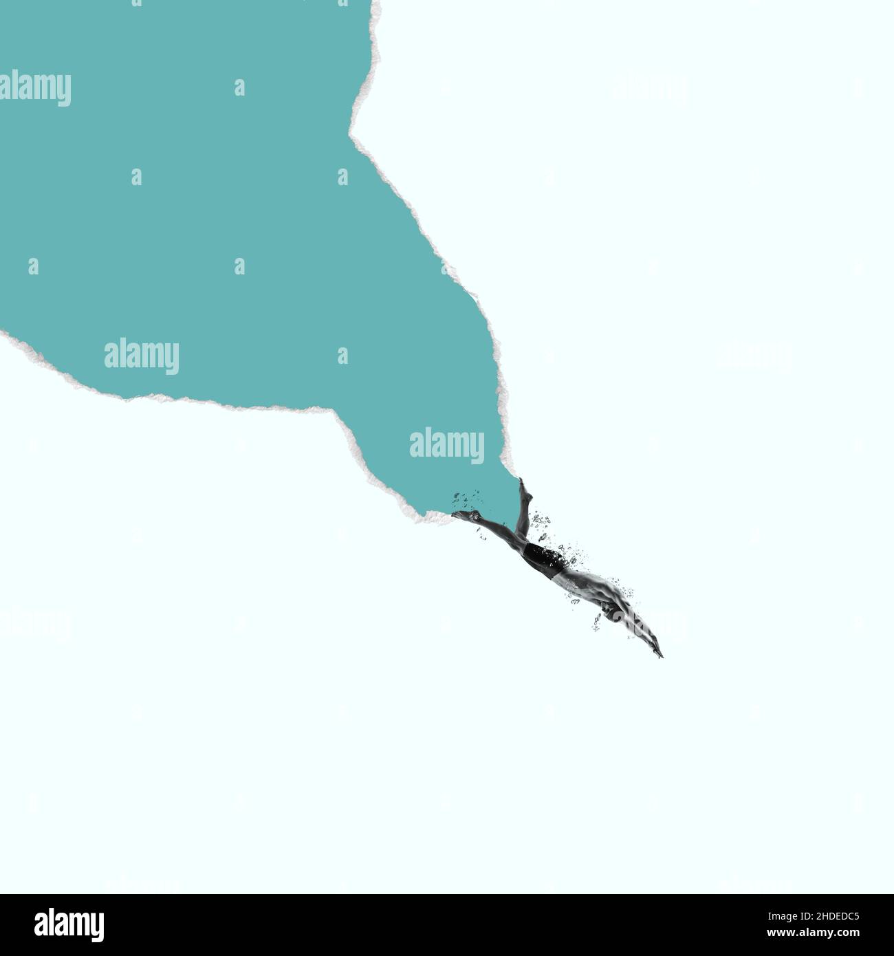Sportive man, professional swimmer swimming through paper sea, ocean ...