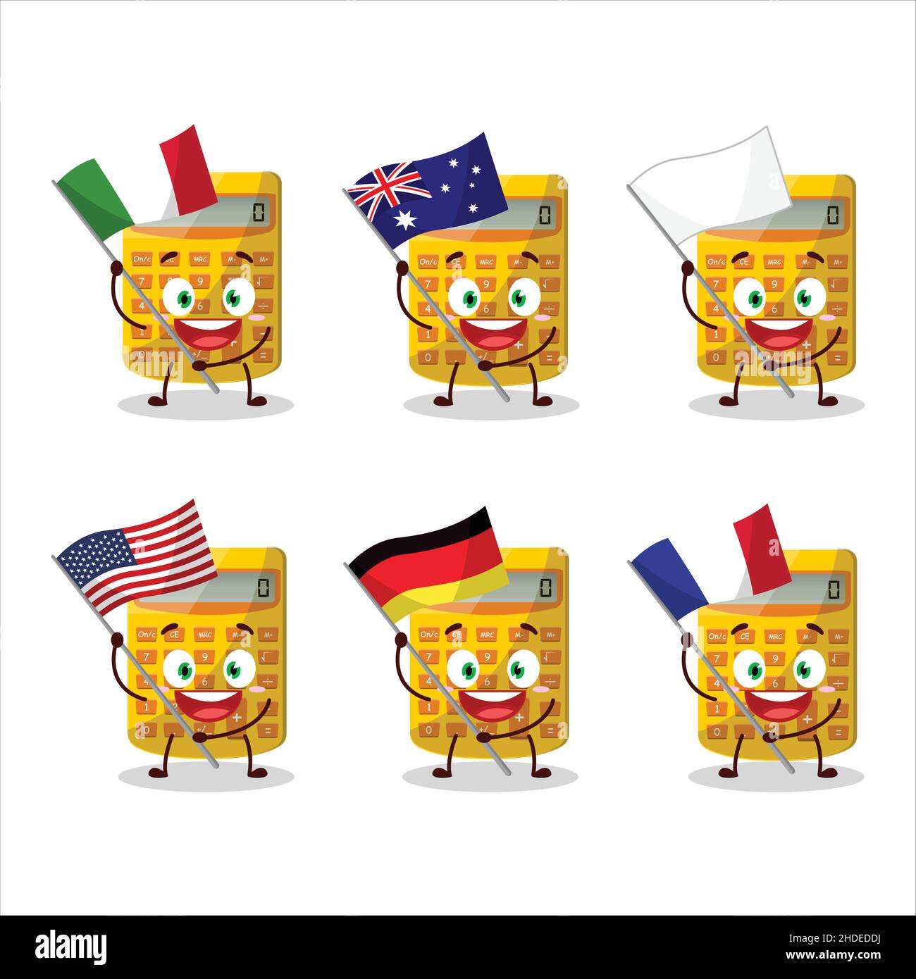 Yellow calculator cartoon character bring the flags of various ...