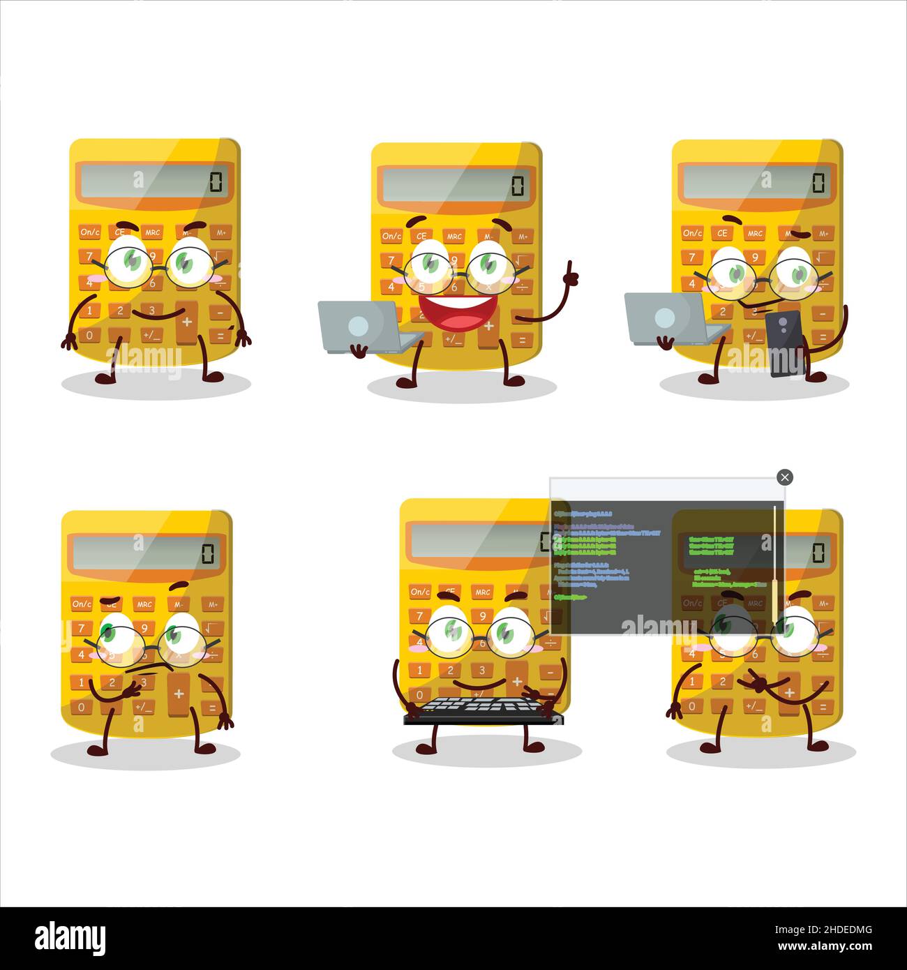 Yellow calculator Programmer cute cartoon character with. Vector ...