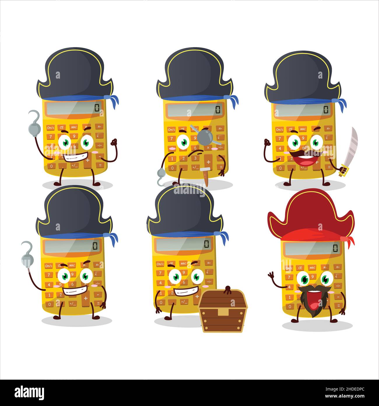 Cartoon character of yellow calculator with various pirates emoticons ...