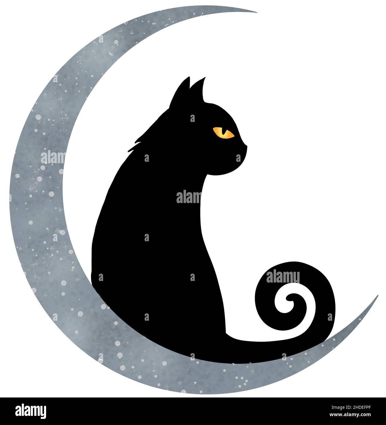 Illustration of a cat sat on a moon crescent Stock Photo - Alamy