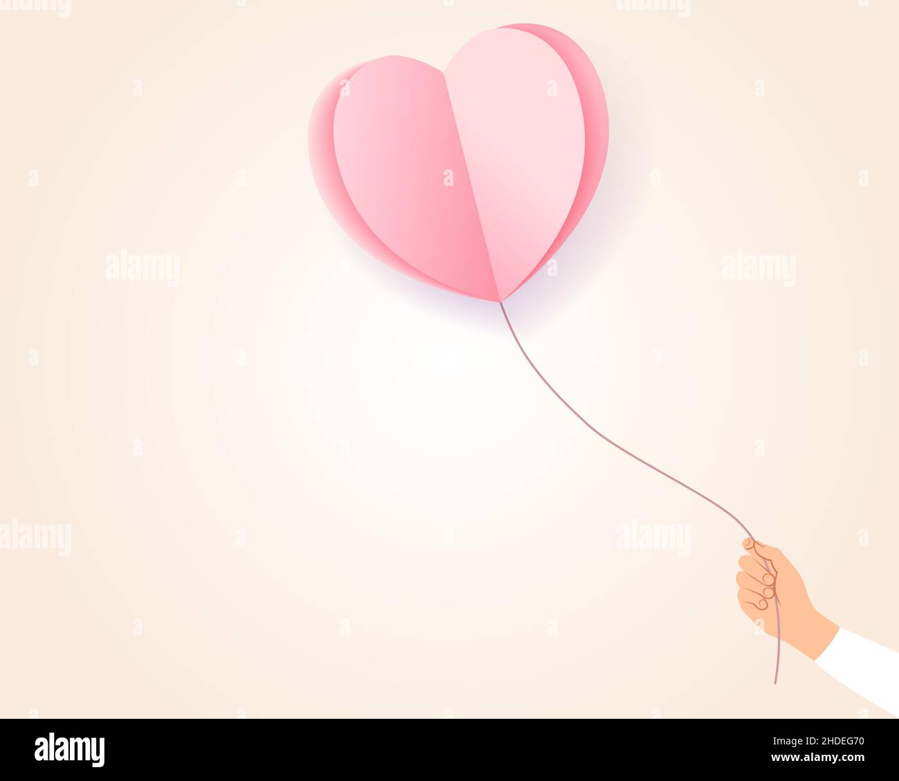 Valentine pink flying hearts and hand with paper heart balloon. Happy ...