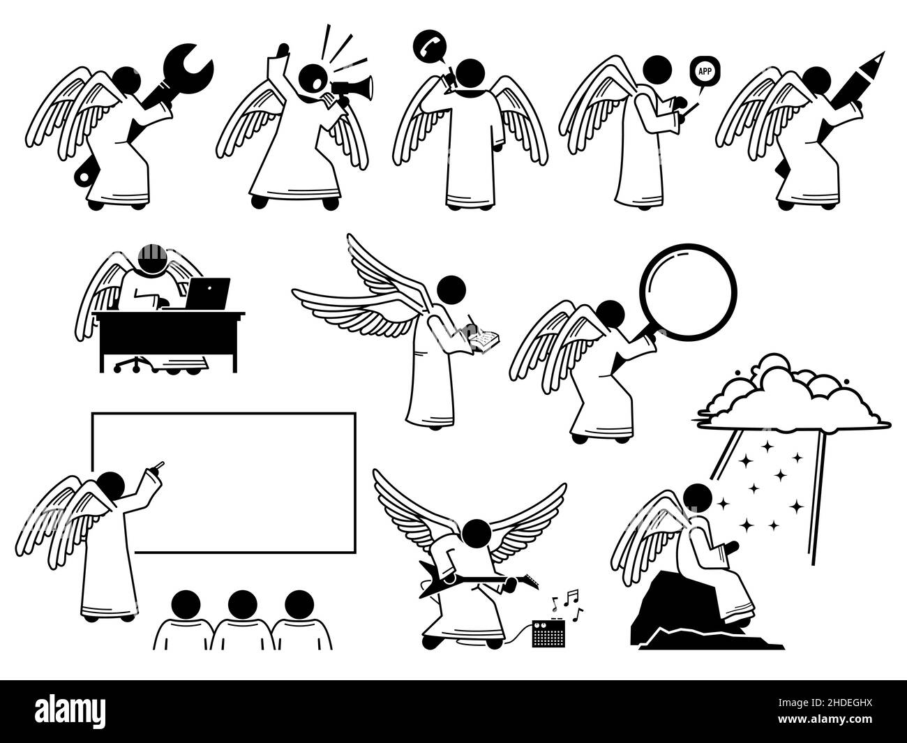 God angel using and holding different kind of objects stick figure ...
