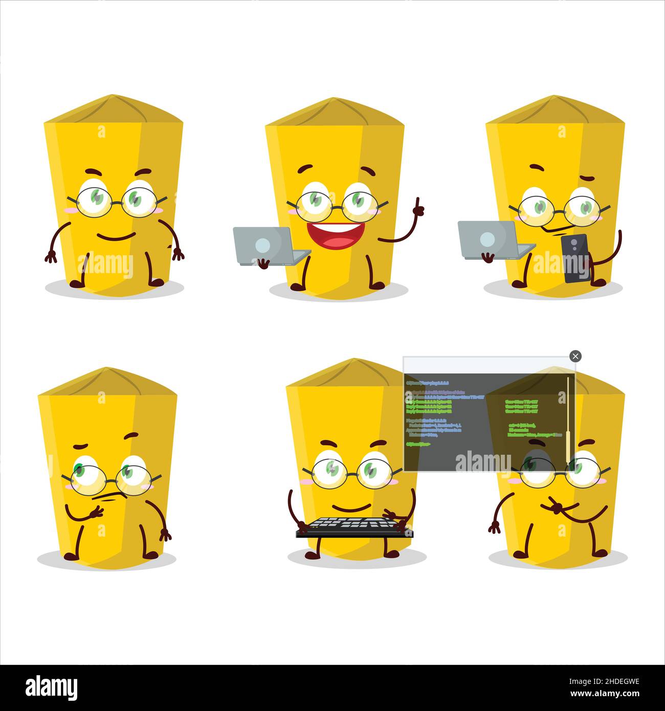 Yellow chalk Programmer cute cartoon character with. Vector ...