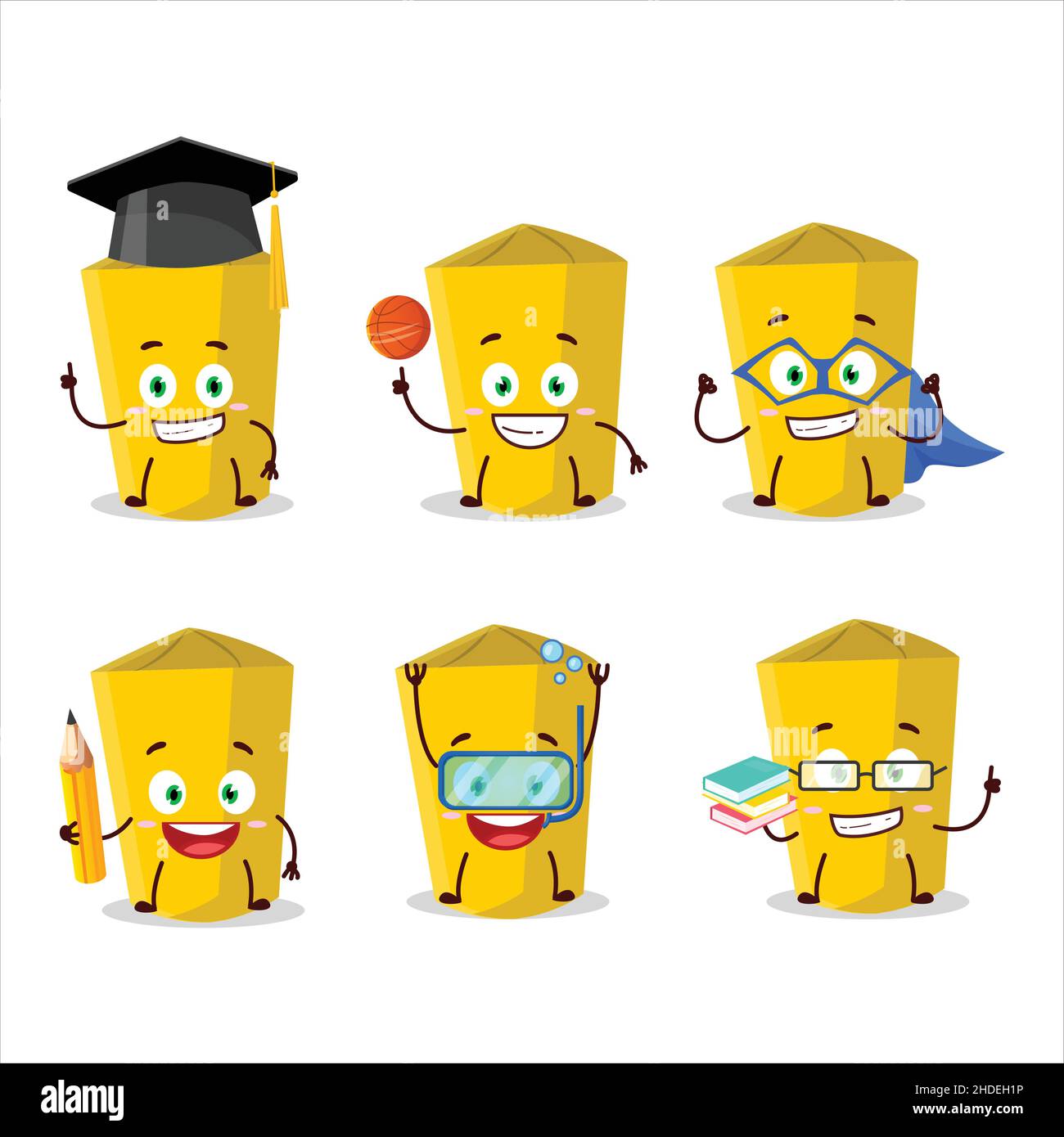 School student of yellow chalk cartoon character with various ...