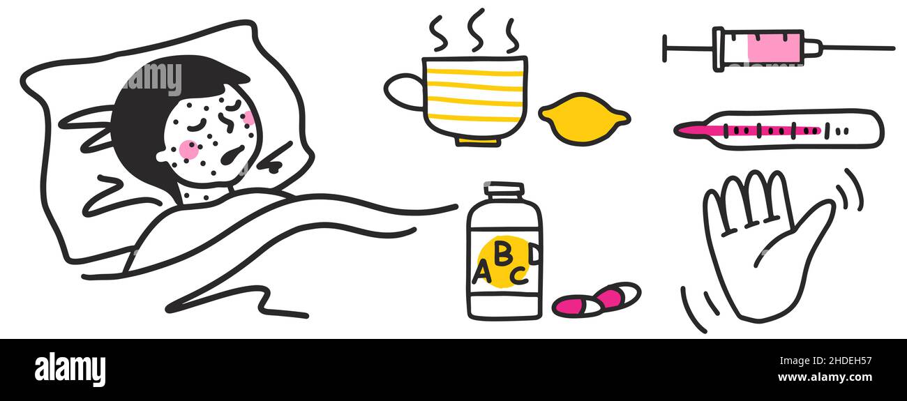 Child with chickenpox in bed. Doodle set line on white background ...