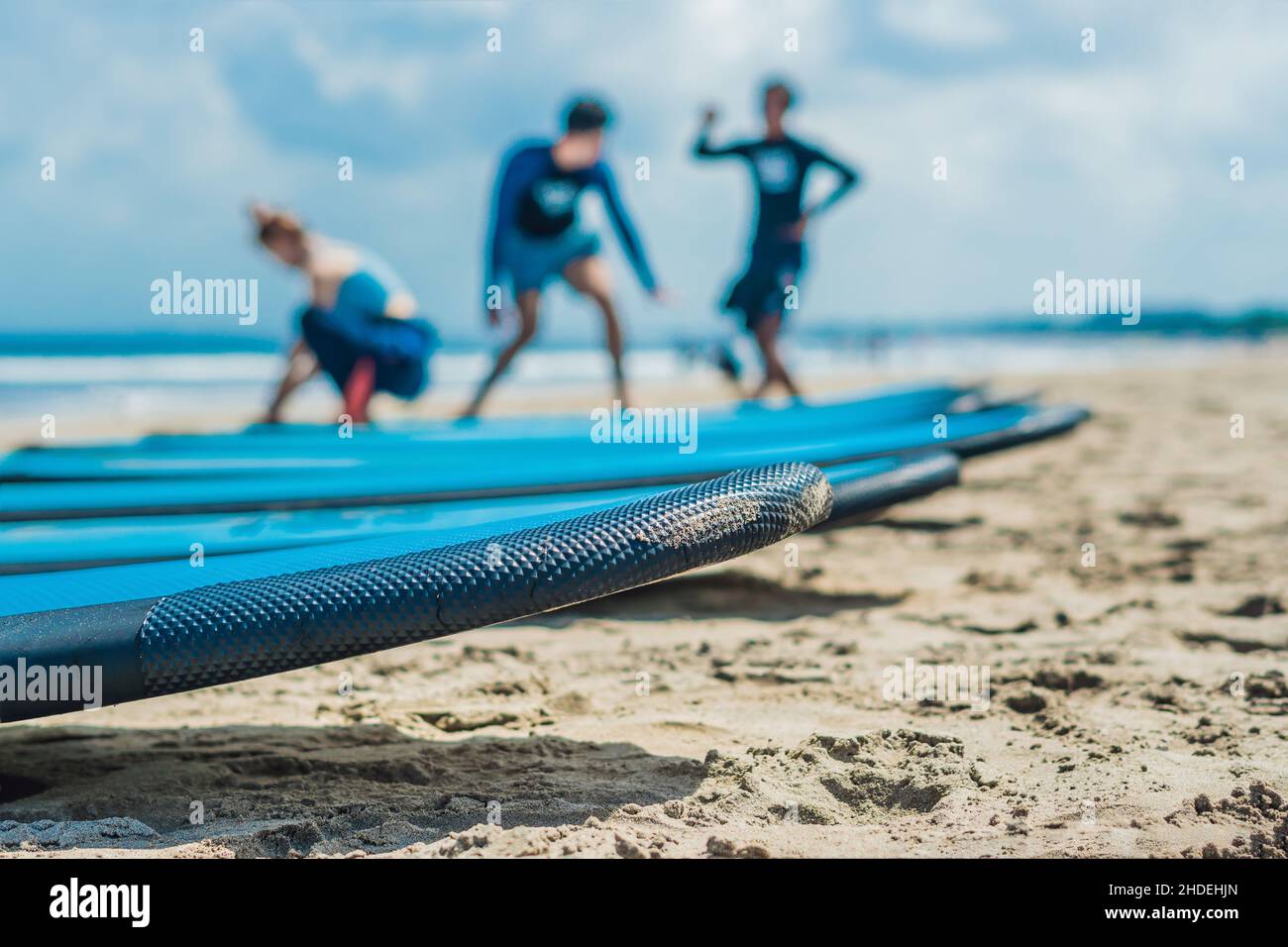 Blue surfboards in the sand on the beach Stock Photo - Alamy