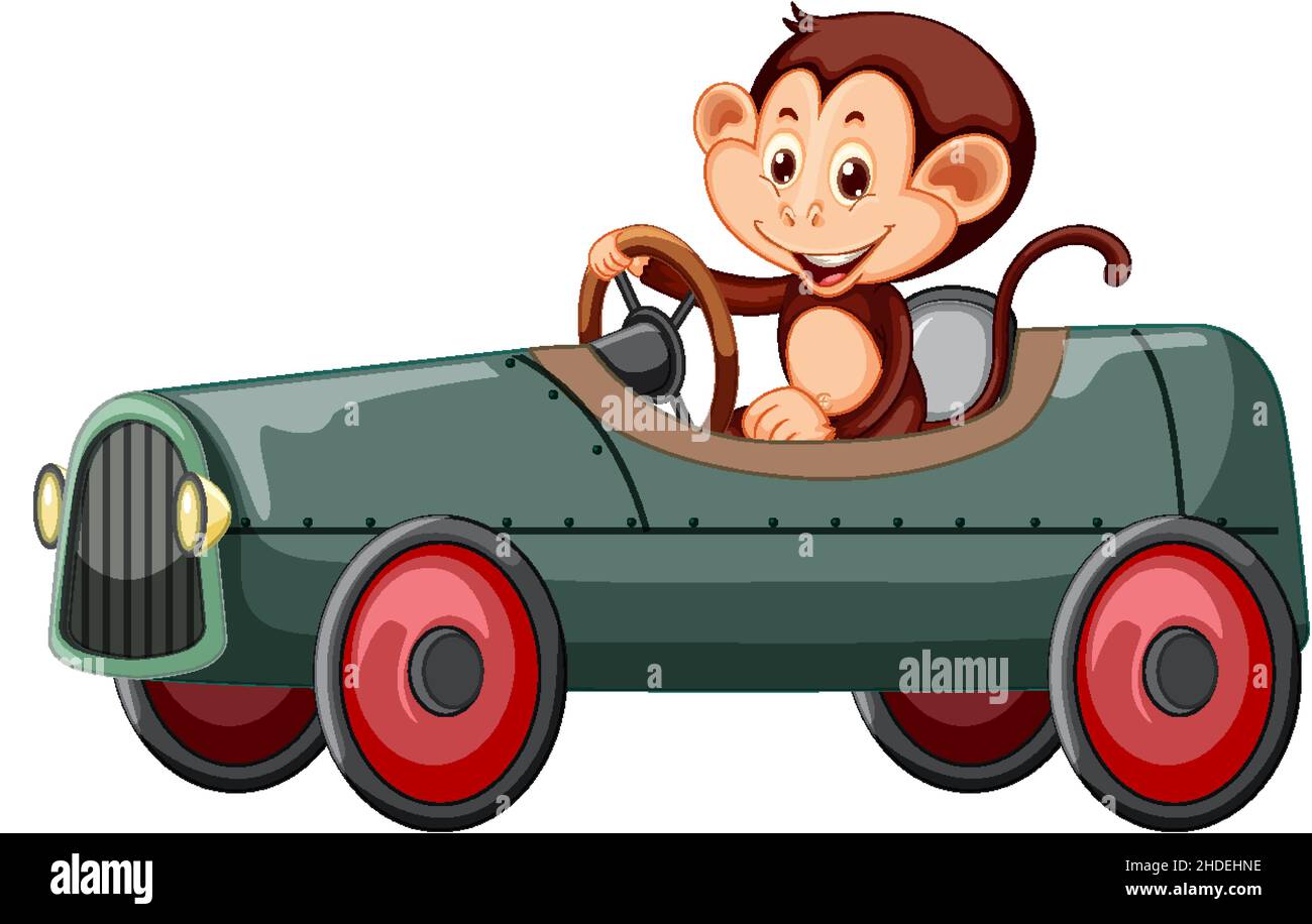 Cute monkey driving race car on white background illustration Stock ...