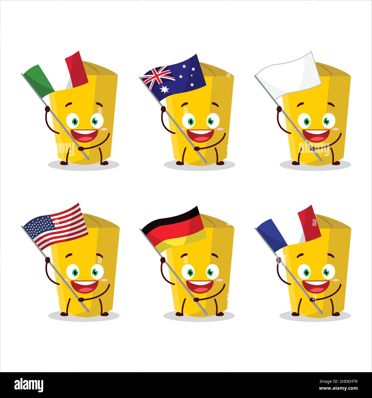 yellow chalk cartoon character bring the flags of various countries ...
